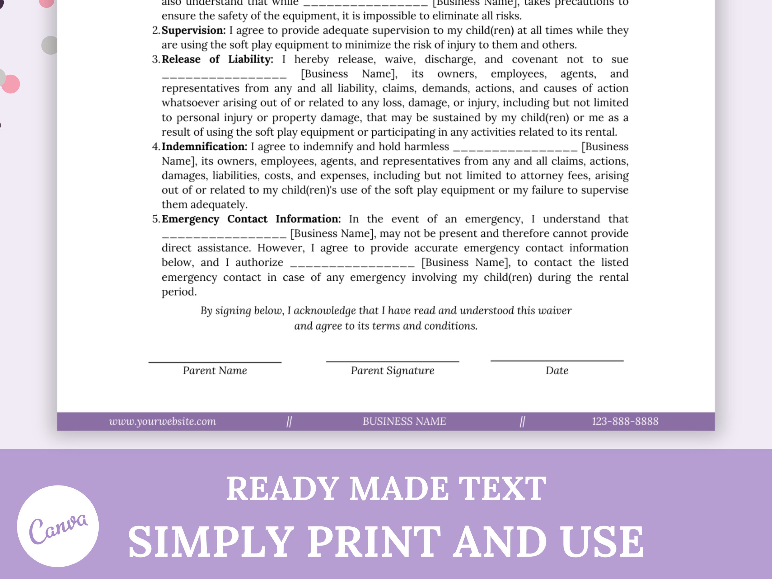 Soft Play Waiver Form Indoor Playground Release of Liability Template ...