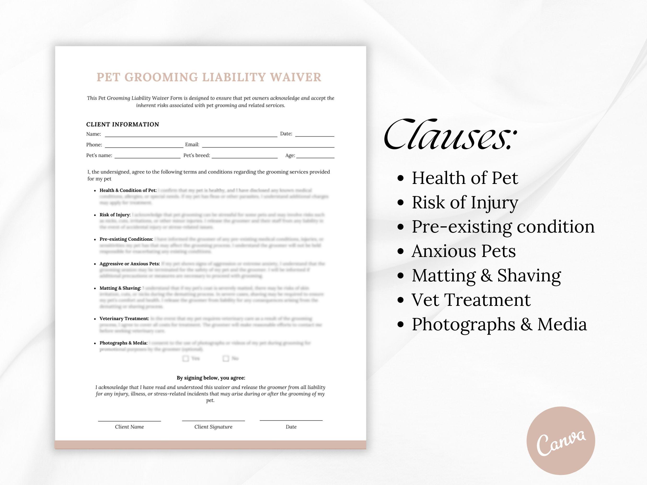 Pet Grooming Waiver Template: Editable Salon Consent Form (digital ...