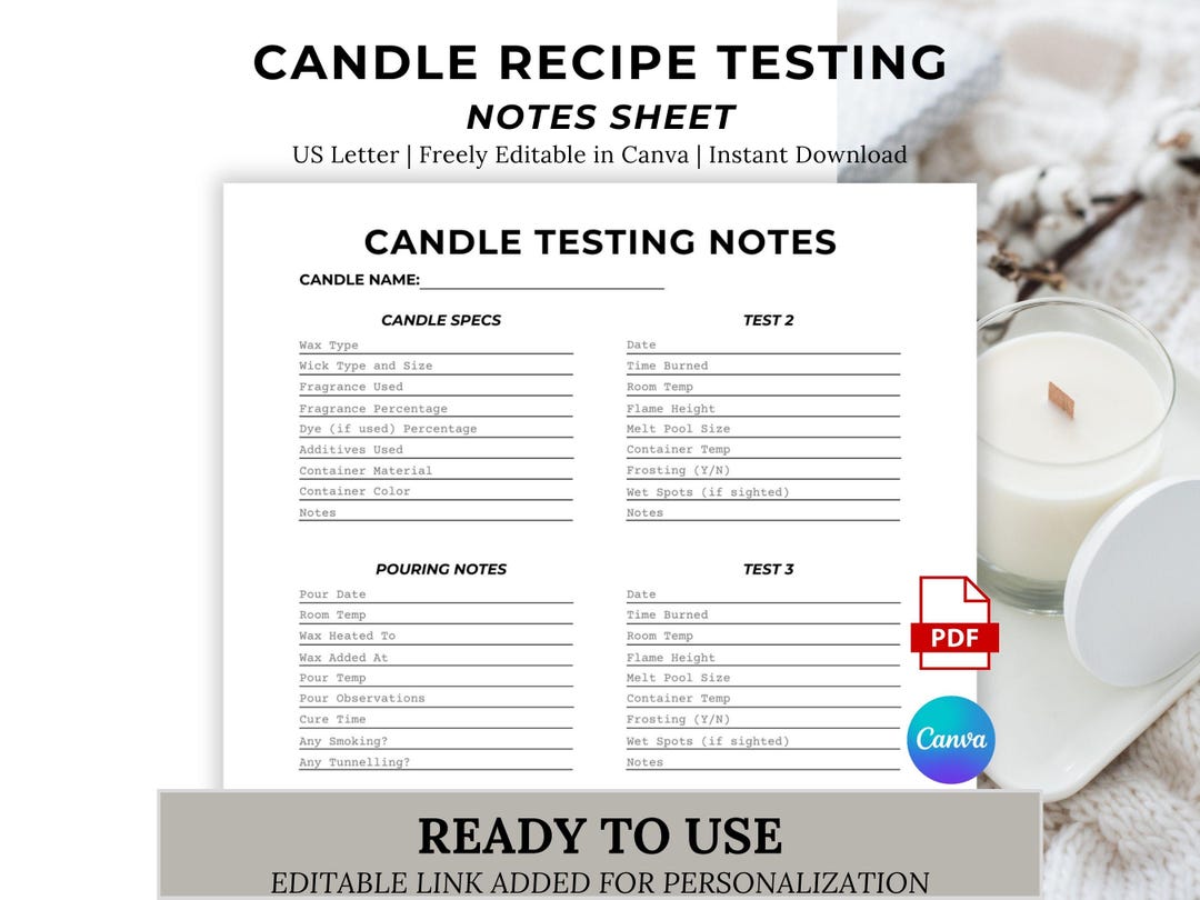 Candle Recipe Testing Notes Sheet Template for Candle Making, Use in ...