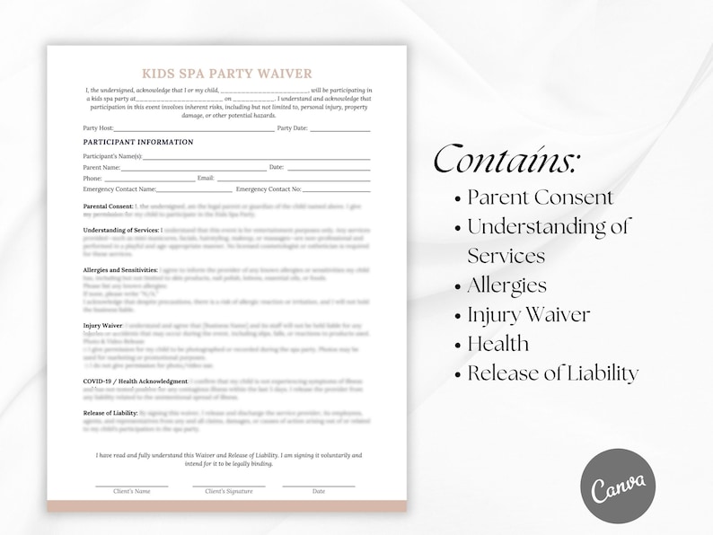 Kids Spa Party Liability Waiver Template: Editable Consent Form ...