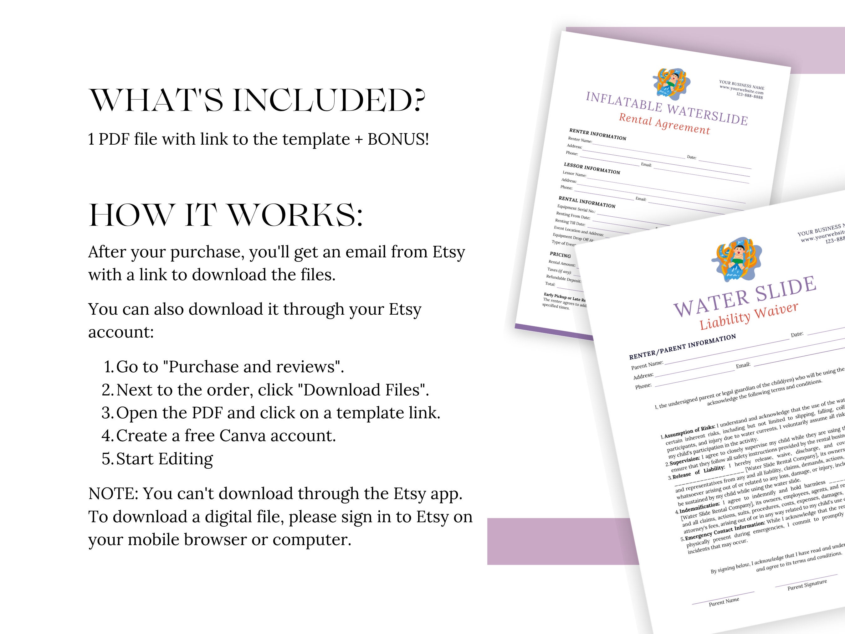 Waterslide Rental Contract & Liability Waiver Template (digital ...
