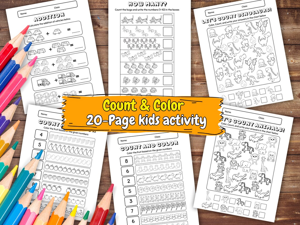 20 Page Kid Activity, Printable, Count, Coloring Pages, Counting ...