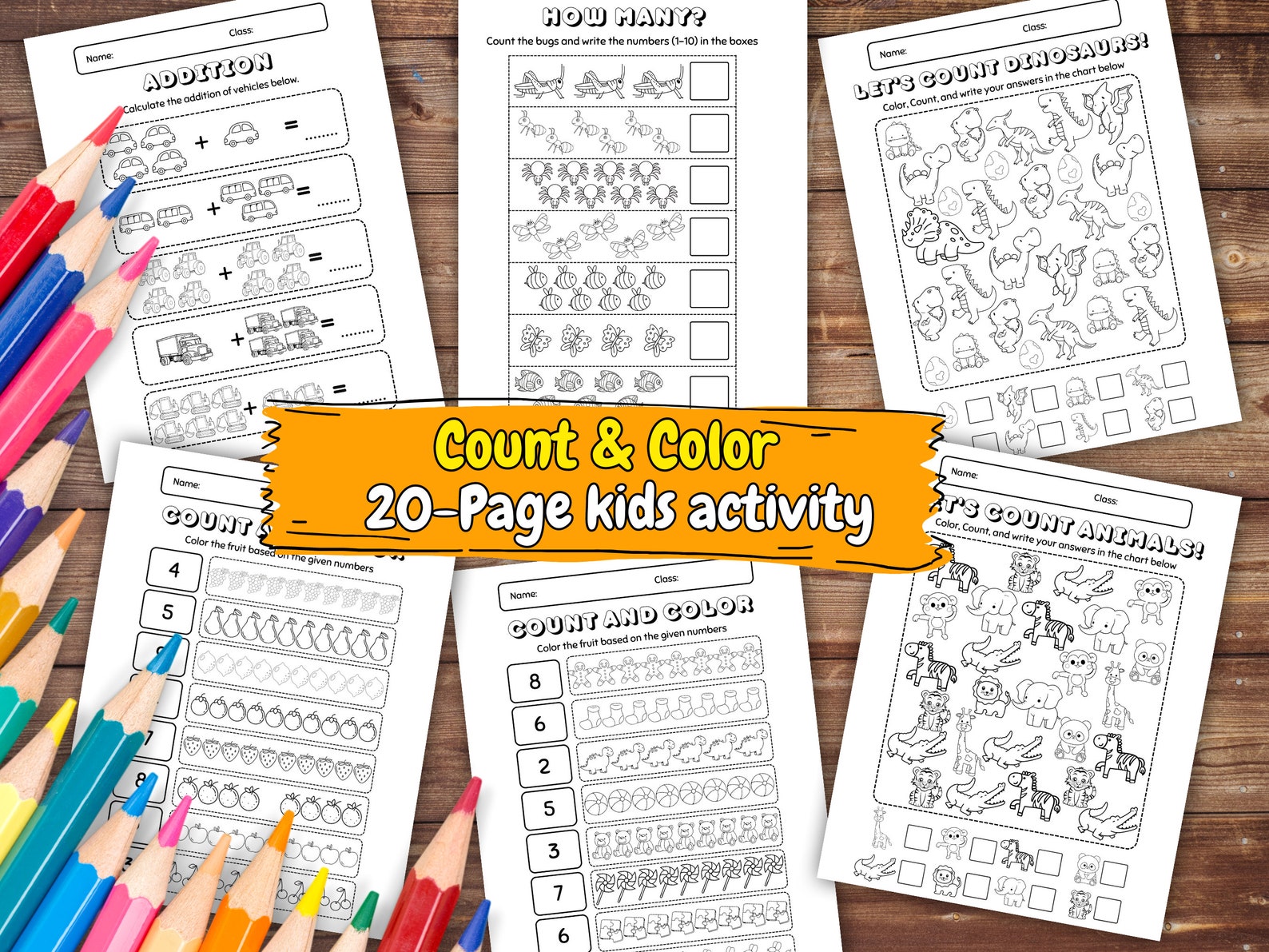 20 Page Kid Activity, Printable, Count, Coloring Pages, Counting ...