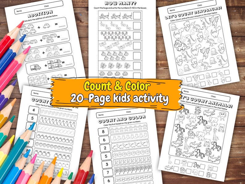 20 Page Kid Activity, Printable, Count, Coloring Pages, Counting ...