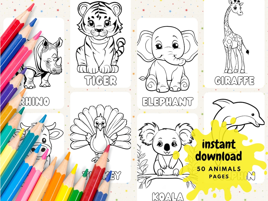 50 Cute Animals Coloring Pages Printable, Kid Coloring Pages, Animal ...
