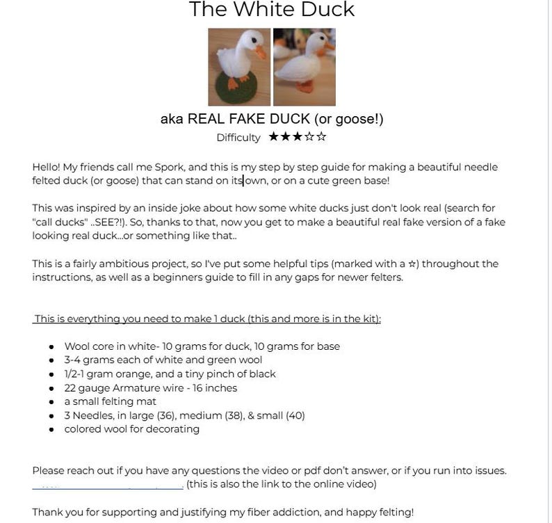 Online Video & PDF- DIY Needle Felting Posable White Duck or Goose ...