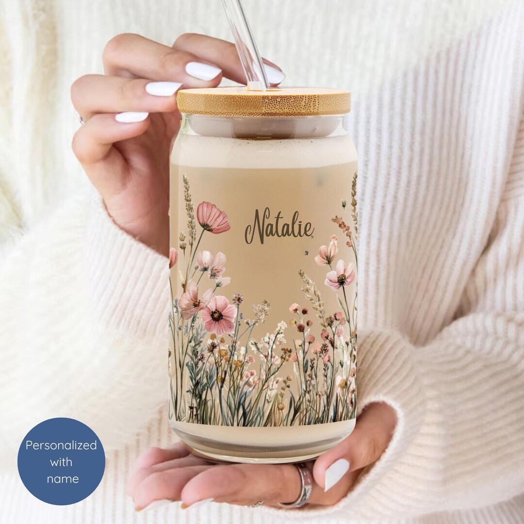 Personalized Floral Iced Coffee Cup, Pressed Wildflowers Glass Tumbler ...