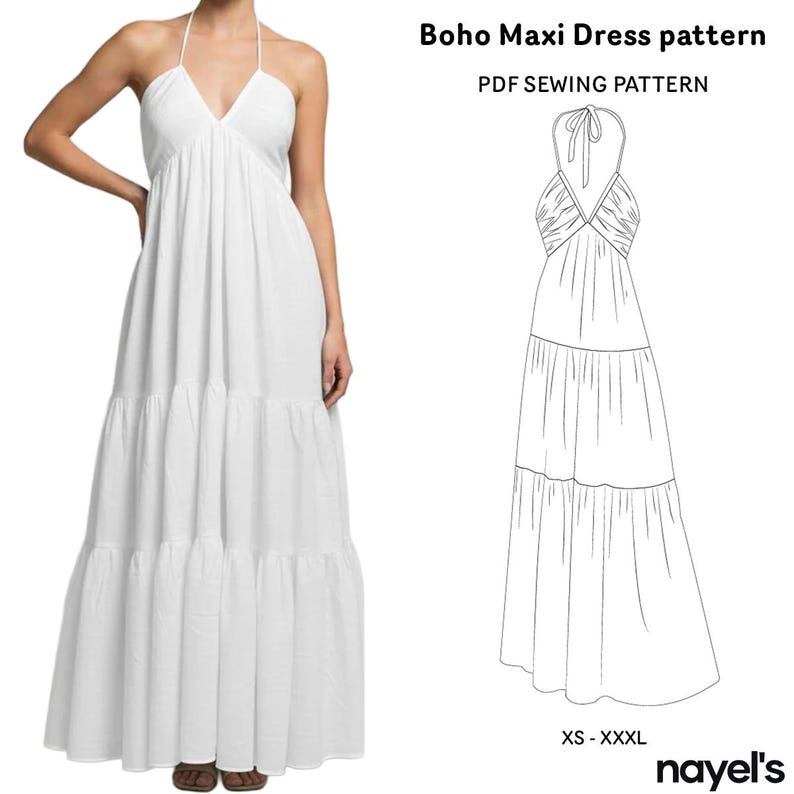 Maxi Dress Sewing Instructions and Pattern, Halter Tiered Summer Dress ...