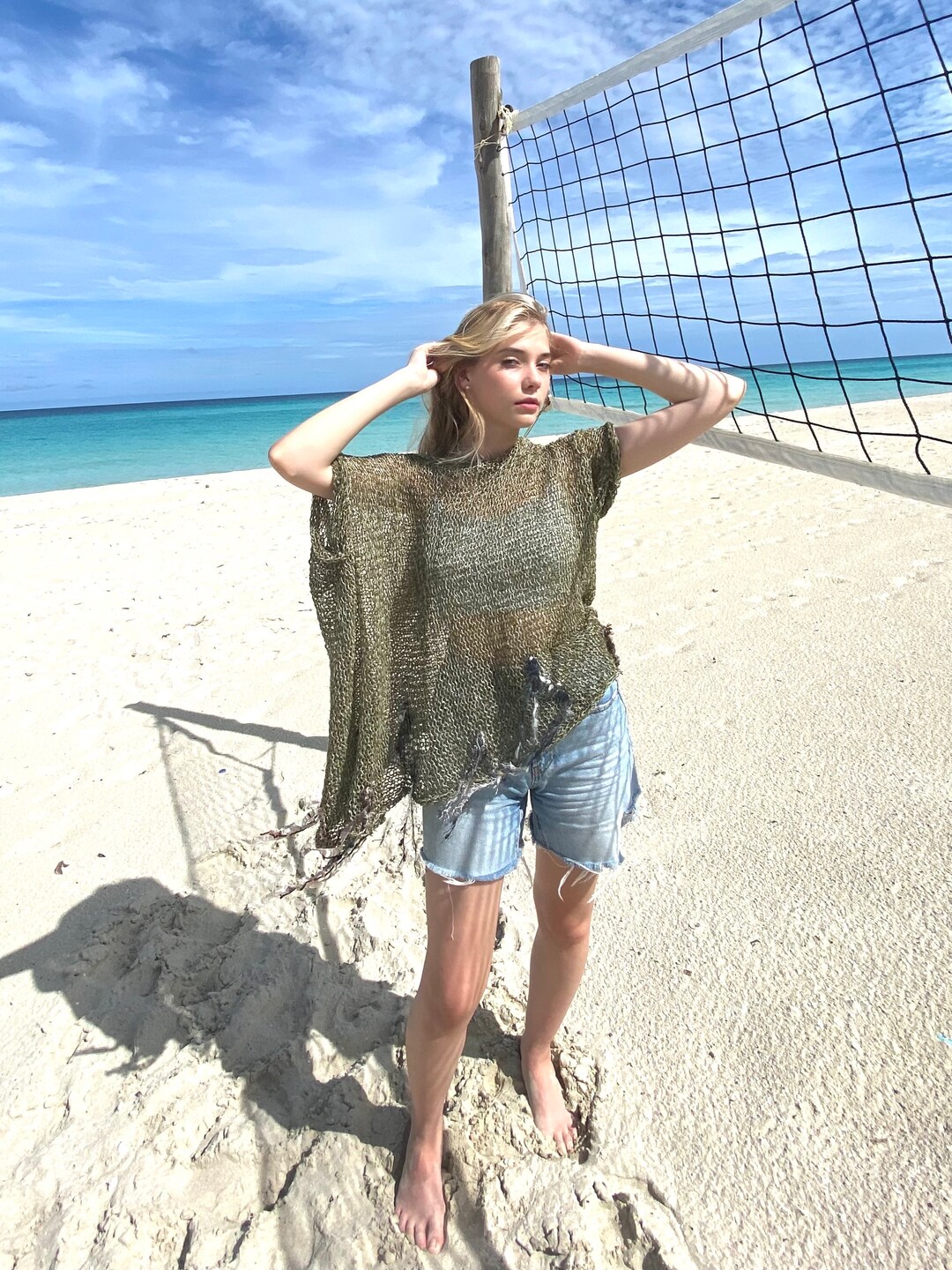 Bohemian Knit Pullover, Neutral Sage Green Open Weave Top With Fringes ...