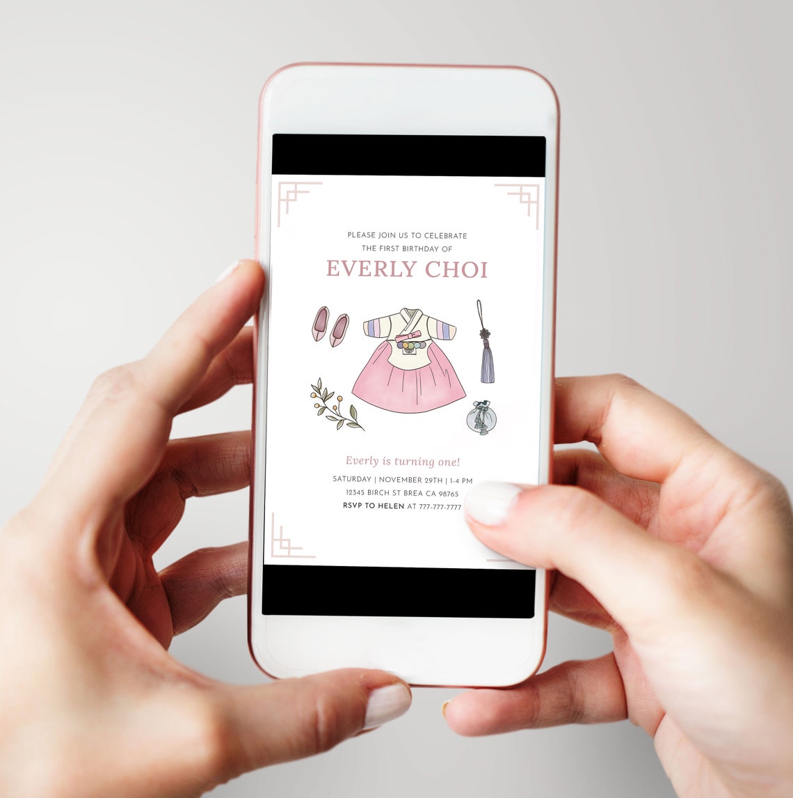 Girl Hanbok Korean Dohl Invitation, First Birthday Party Evite, Modern ...