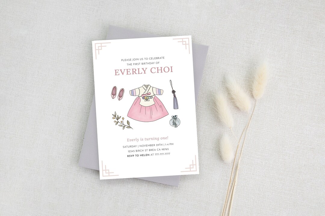 Girl Hanbok Korean Dohl Invitation, First Birthday Party Evite, Modern ...