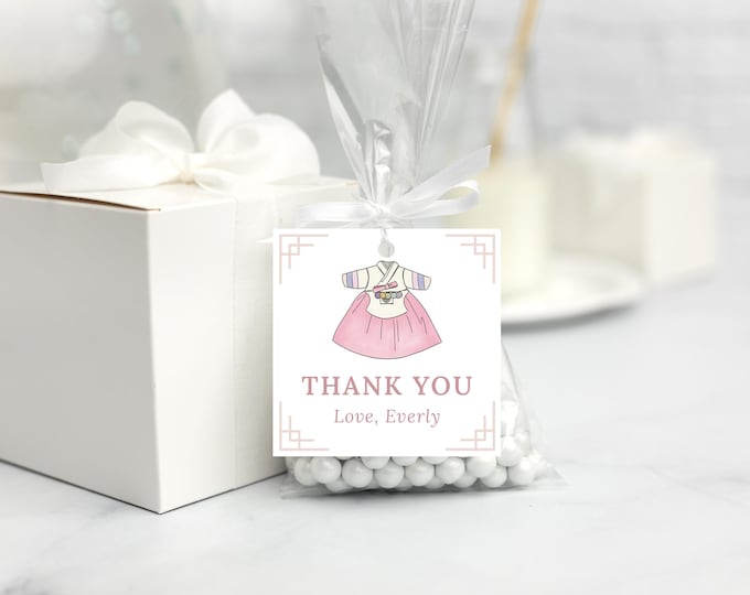 Girl Hanbok Dohl Thank You Tags, Korean Birthday Favor Labels (Editable ...