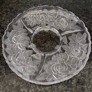 Clear Glass Serving Dish With Rose and Leaves Engravings - Four ...