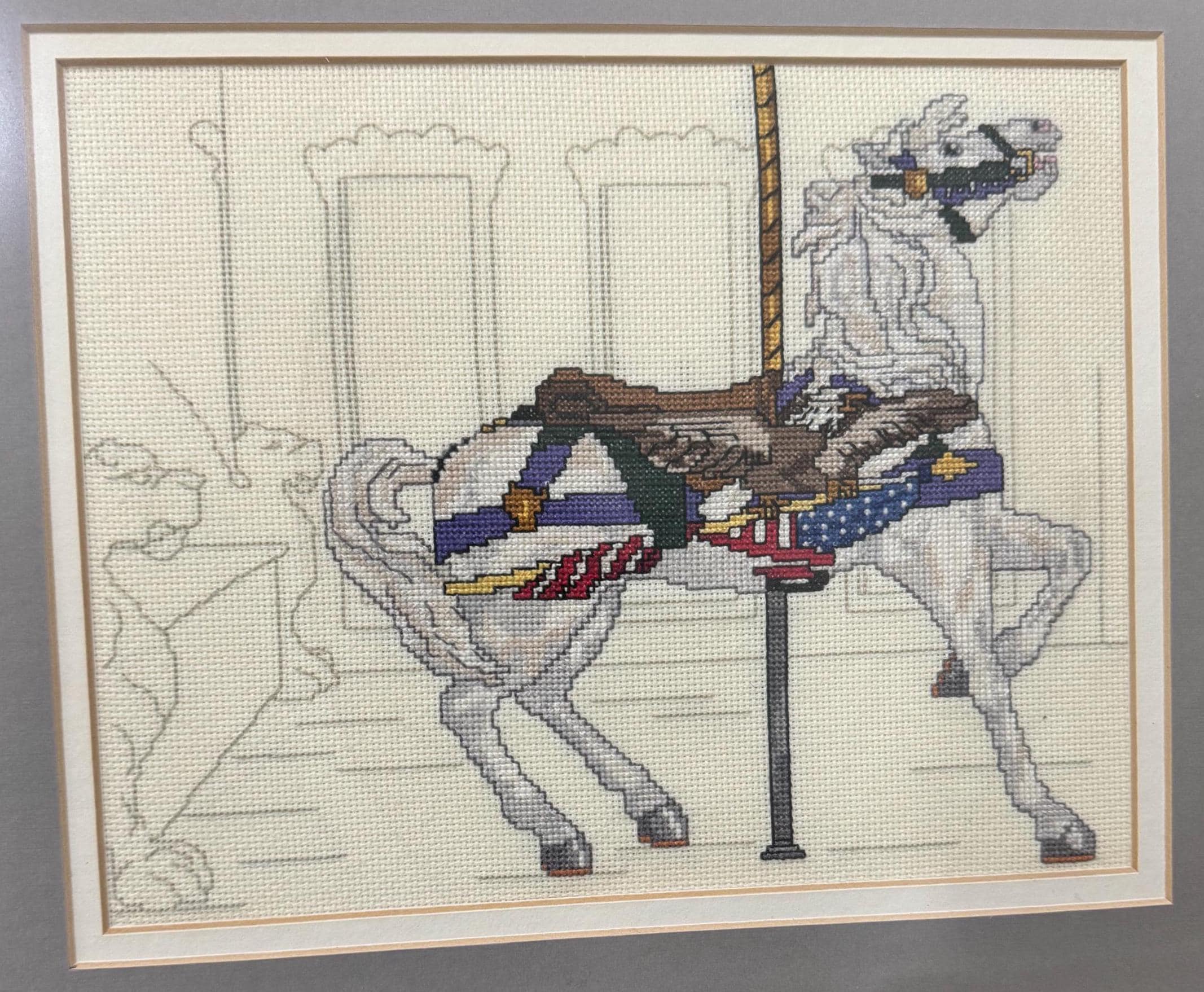 Vintage Carousel Horse Cross Stitch Framed Wall Decor - Merry-go-round ...