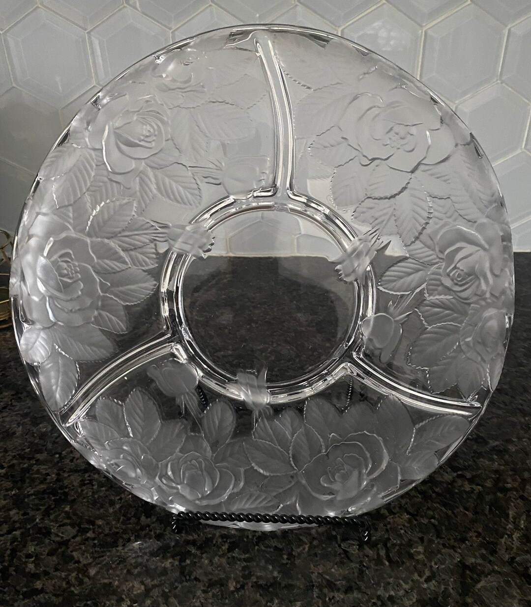 Clear Glass Serving Dish With Rose and Leaves Engravings - Four ...