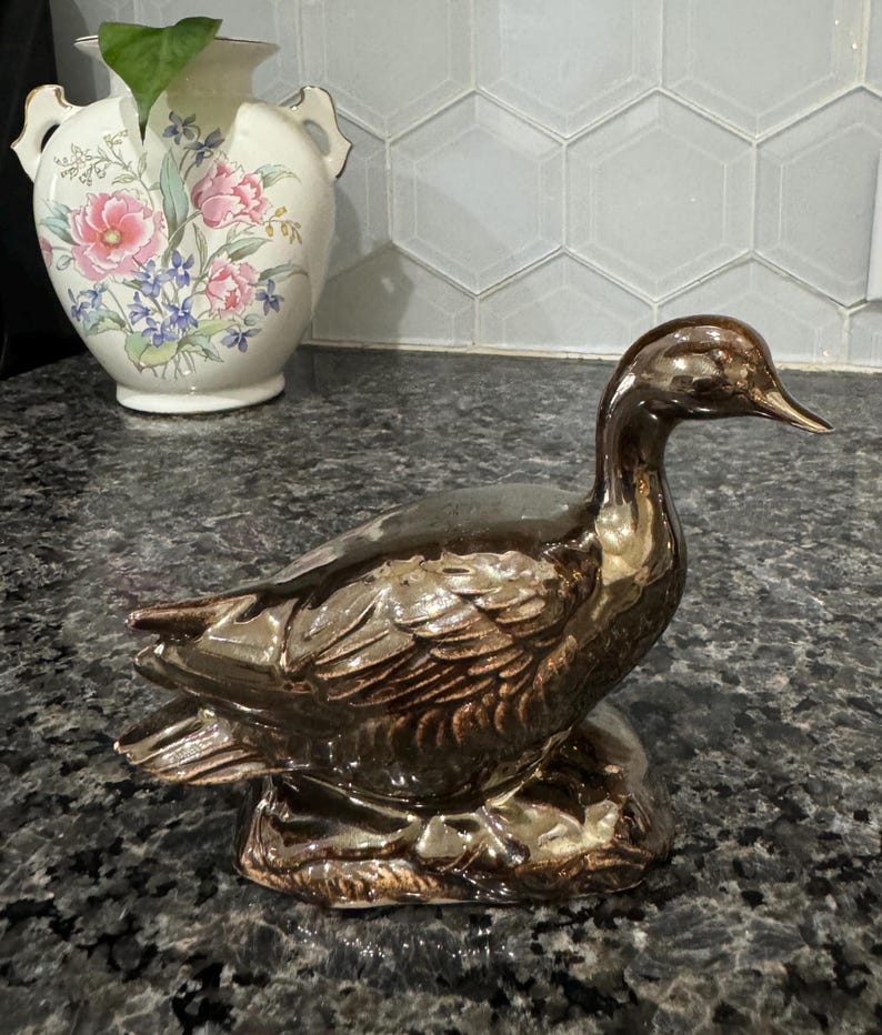 Porcelain Duck Figurine With Brass-colored Finish - Vintage Home Decor ...