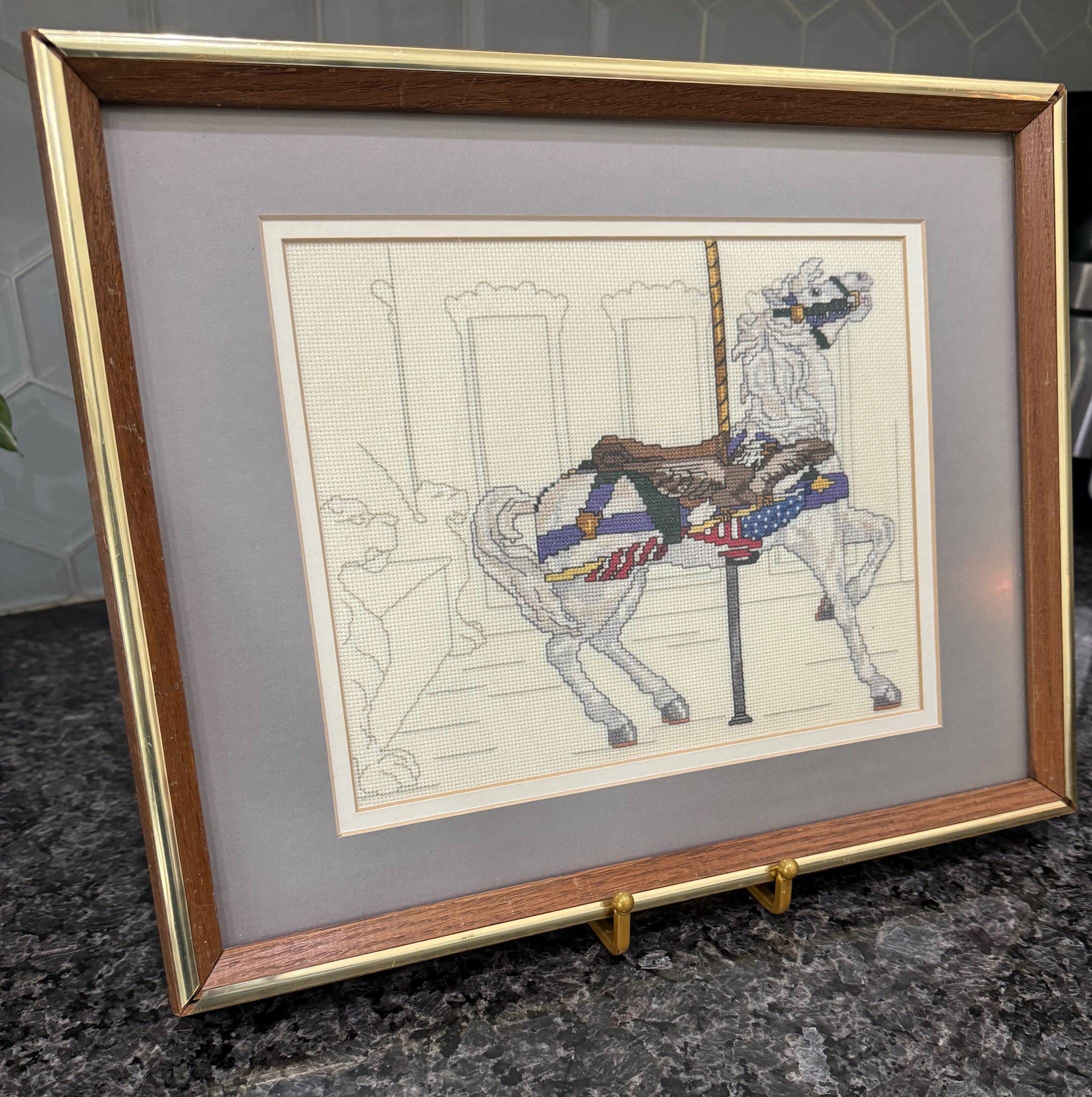 Vintage Carousel Horse Cross Stitch Framed Wall Decor - Merry-go-round ...