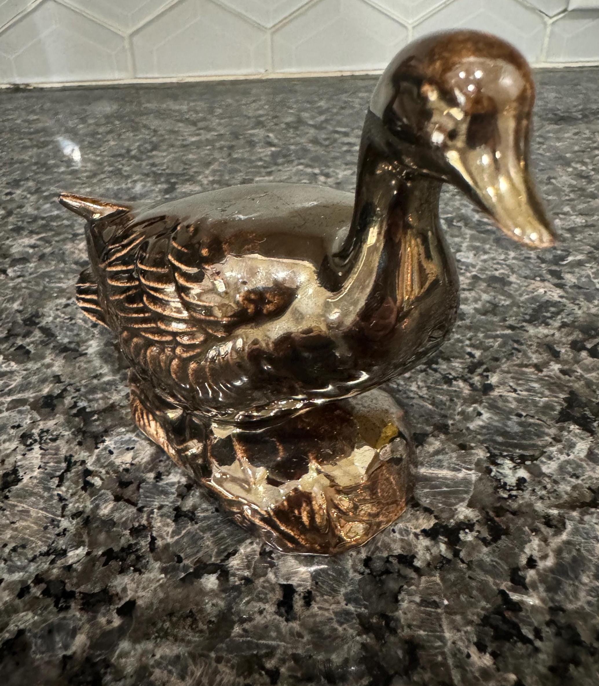 Porcelain Duck Figurine With Brass-colored Finish - Vintage Home Decor ...