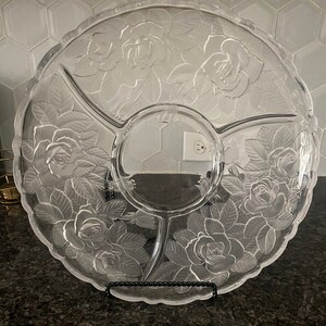 Clear Glass Serving Dish With Rose and Leaves Engravings - Four ...