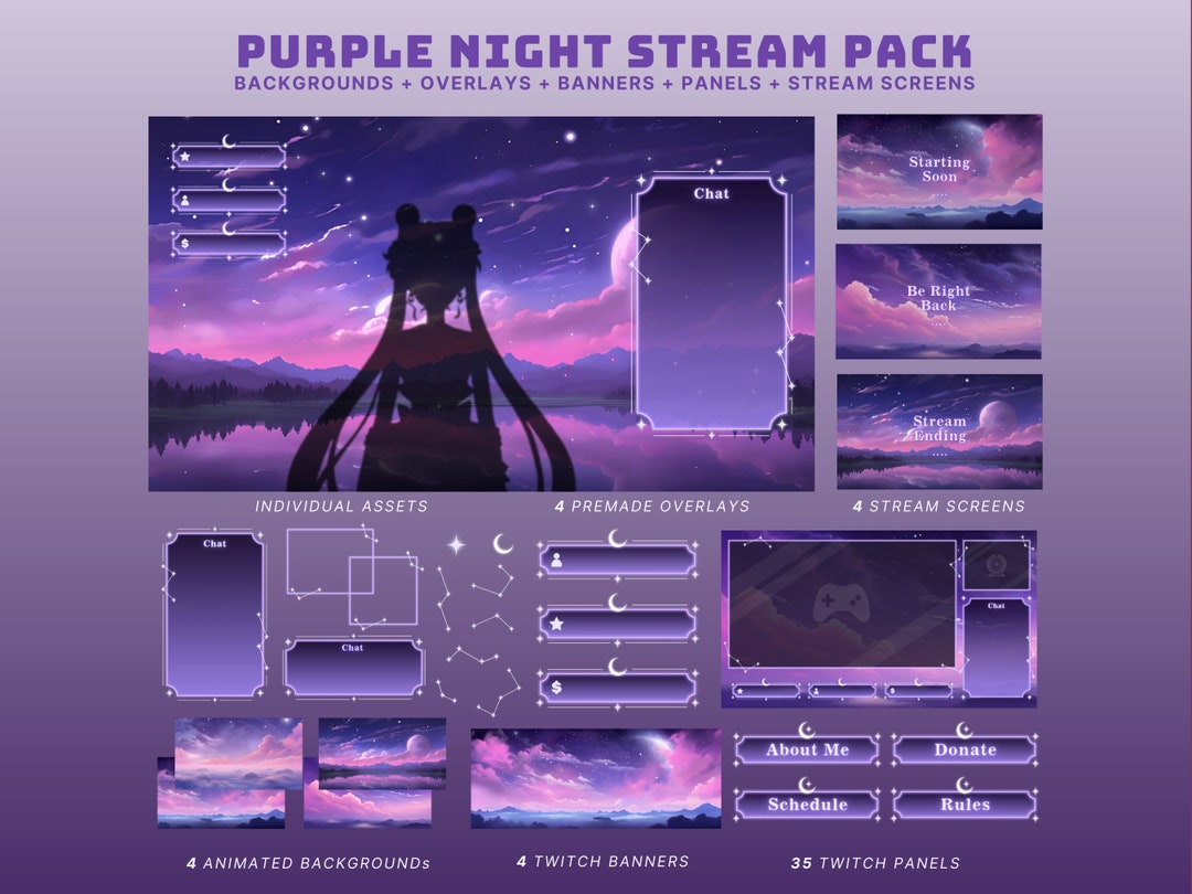 Purple Stream Pack Animated Vtuber Background Purple Twitch Overlay ...