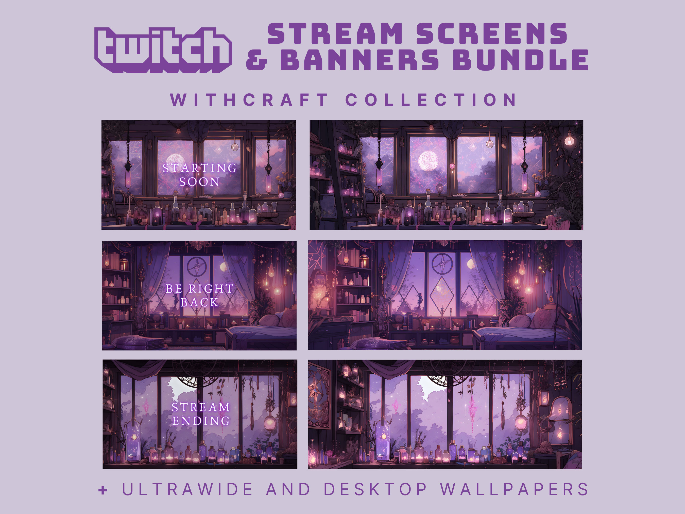 Purple Twitch Overlay Witch Animated Stream Screen Halloween Twitch Banner Witchcraft Overlay ...