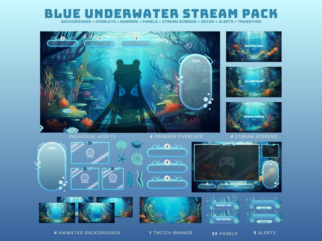 Underwater Twitch Overlay Animated Ocean Stream Package Blue Twitch ...