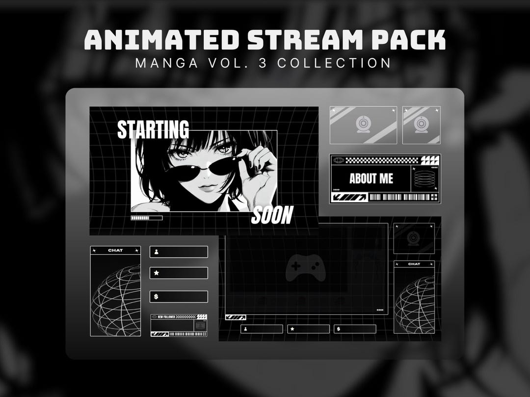 Dark Anime Stream Pack Animated Retro Twitch Overlay Black and White ...