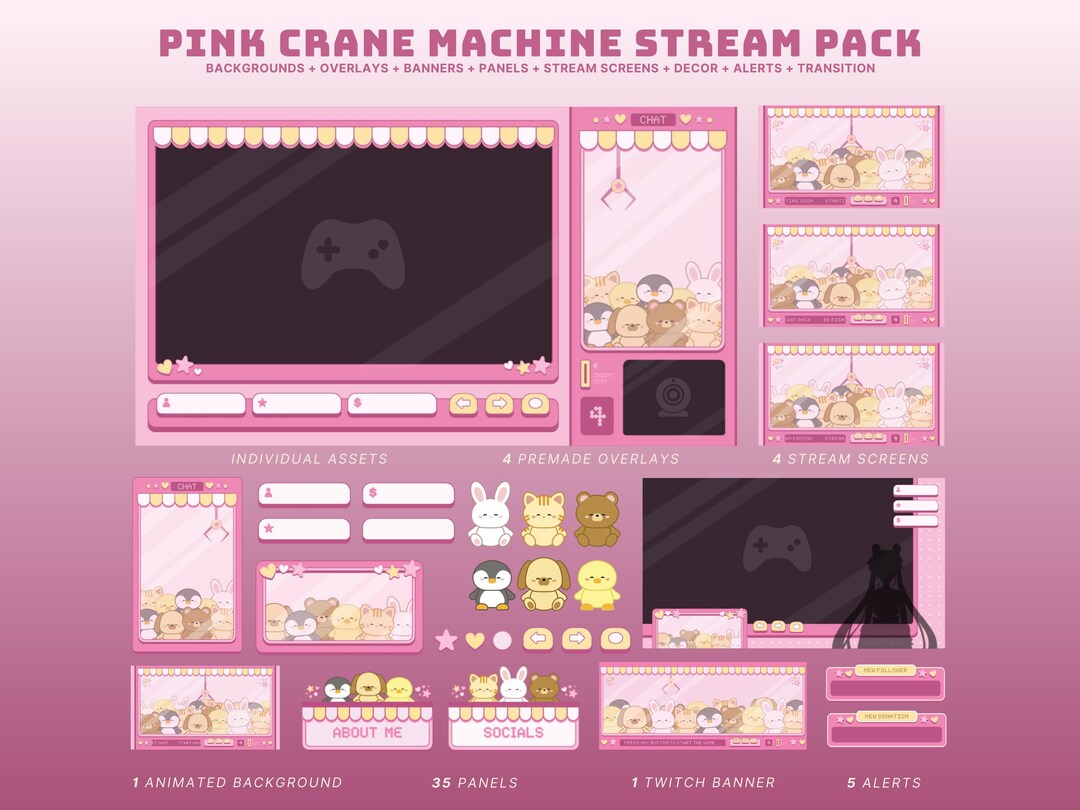 Pink Claw Machine Stream Package Arcade Overlay Retro Game Twitch Overlay Pink Twitch Pack Crane ...