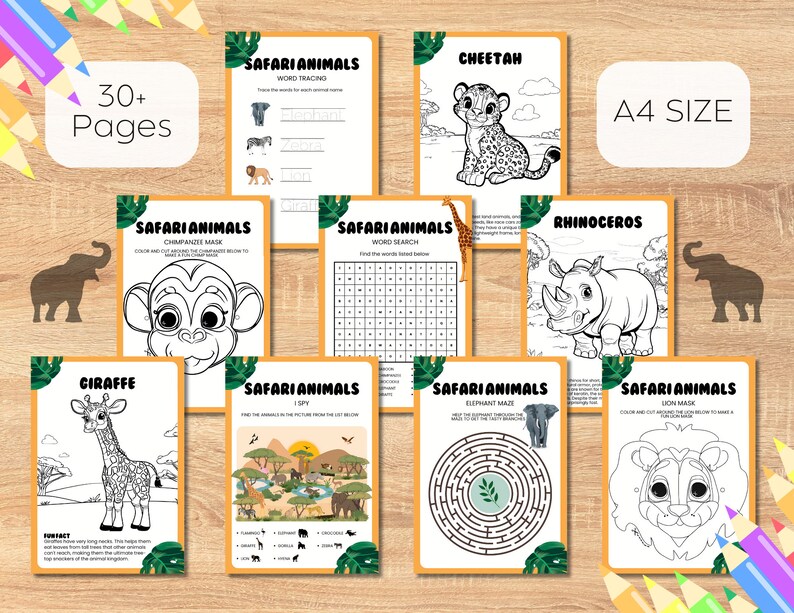 Safari Animals Childrens Activity & Coloring Book Ebook PDF Digital ...