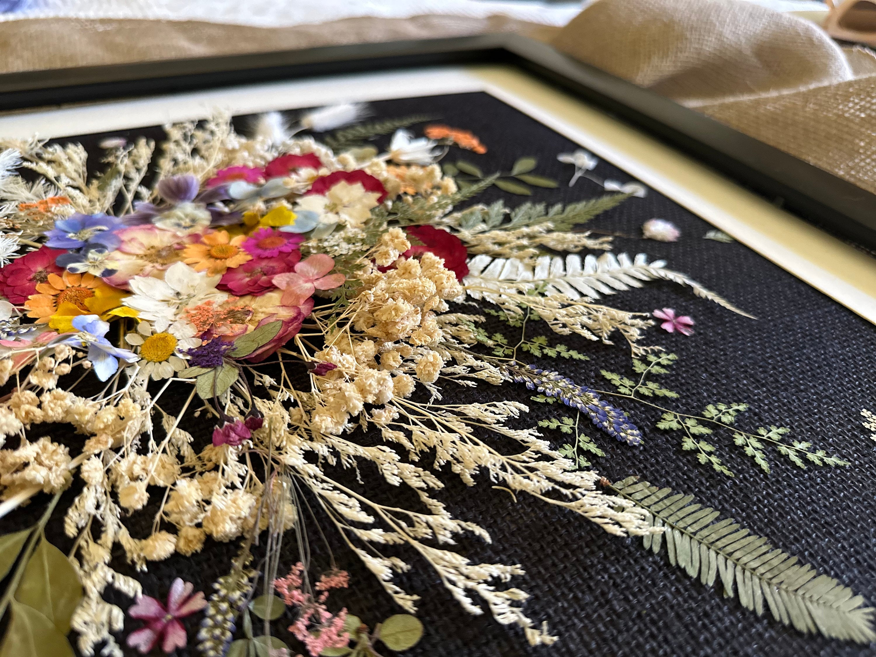 Pressed Flower Art Dried Flowers Wall Art in Large Black Hanging Frame ...