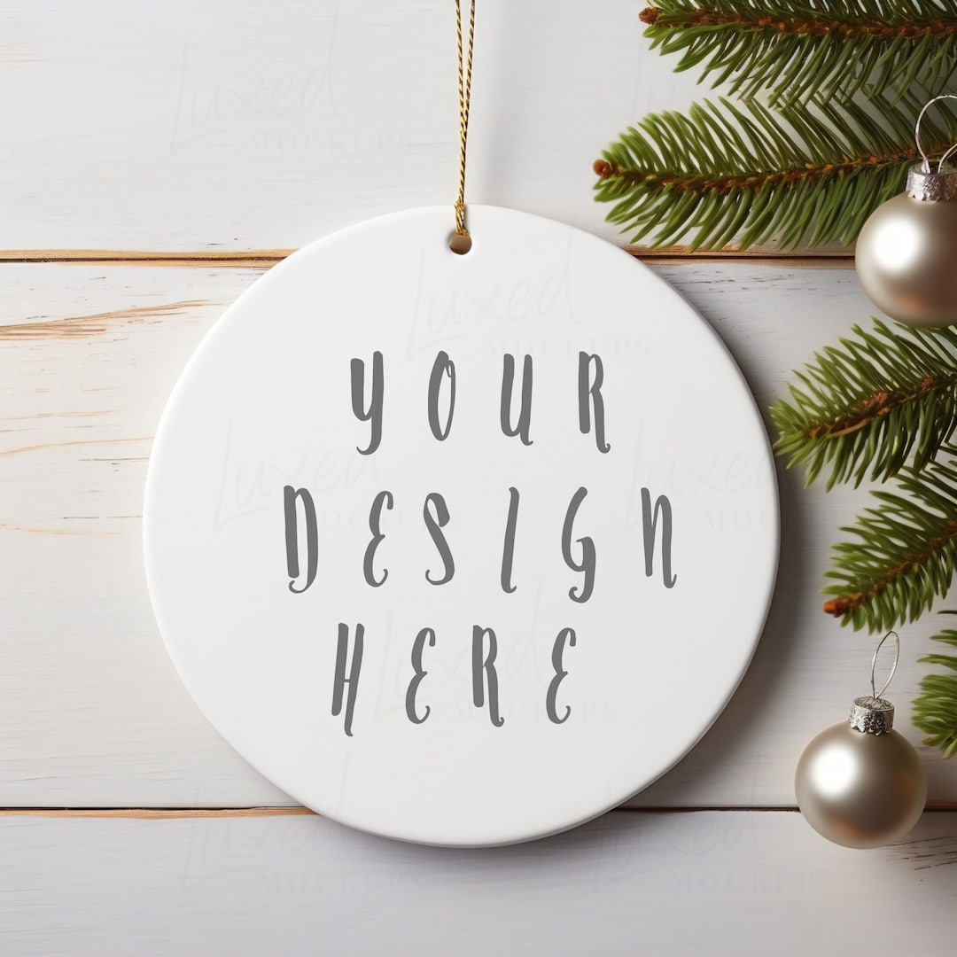 Christmas Mockup Blank White Round Ceramic Christmas Ornament Mockup ...