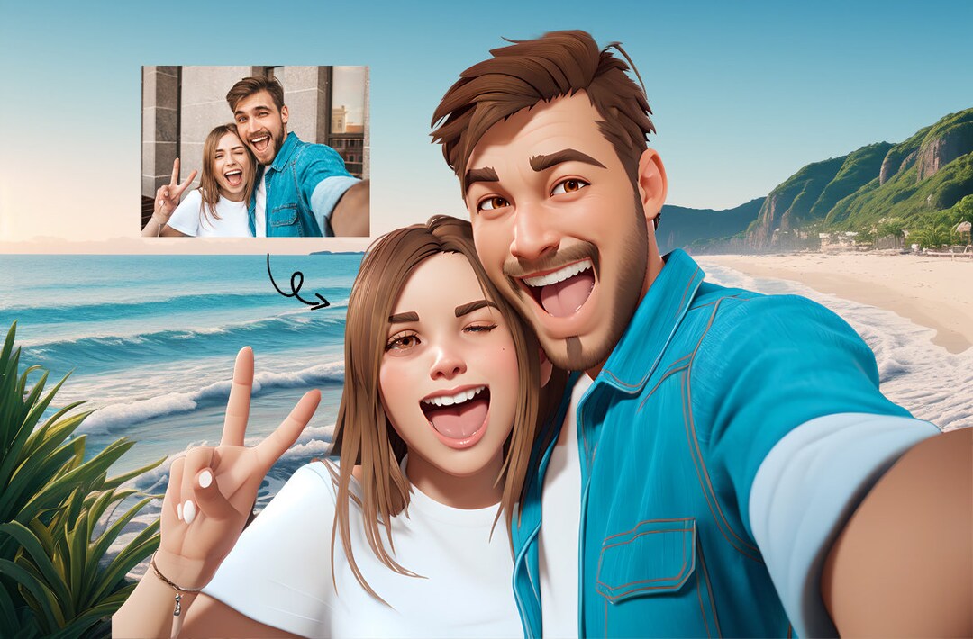 Hand Draw Couple Cartoon Portrait From Photo Pixar Style 3D ...