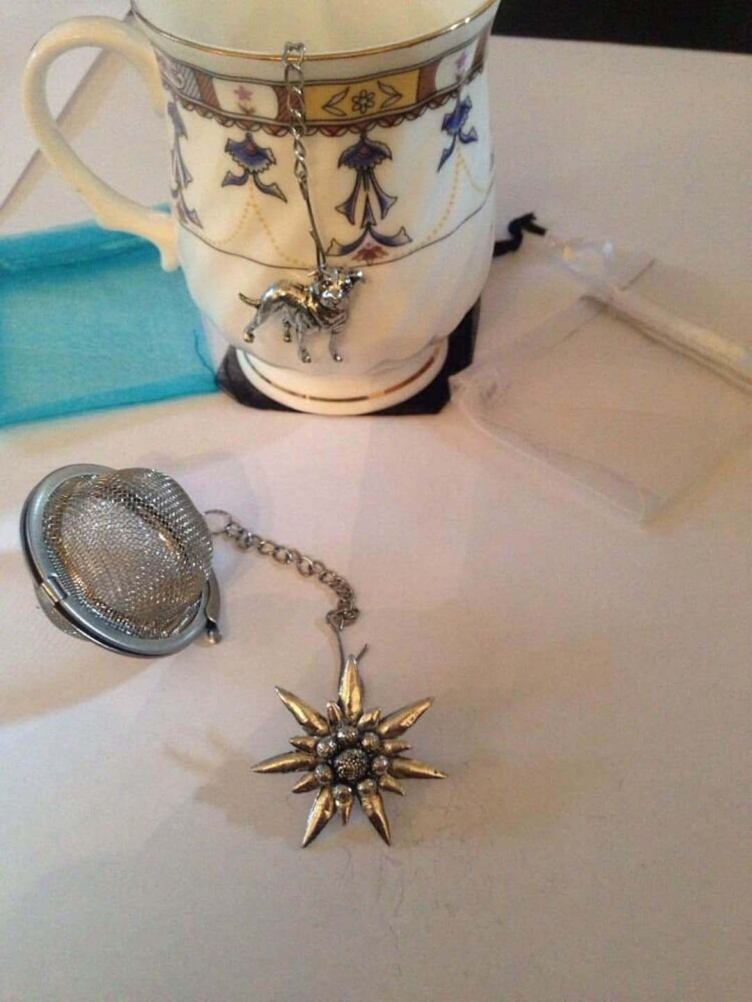 C1 Large Edelweiss Pewter on a Tea Leaf Infuser Stainless Steel Sphere ...