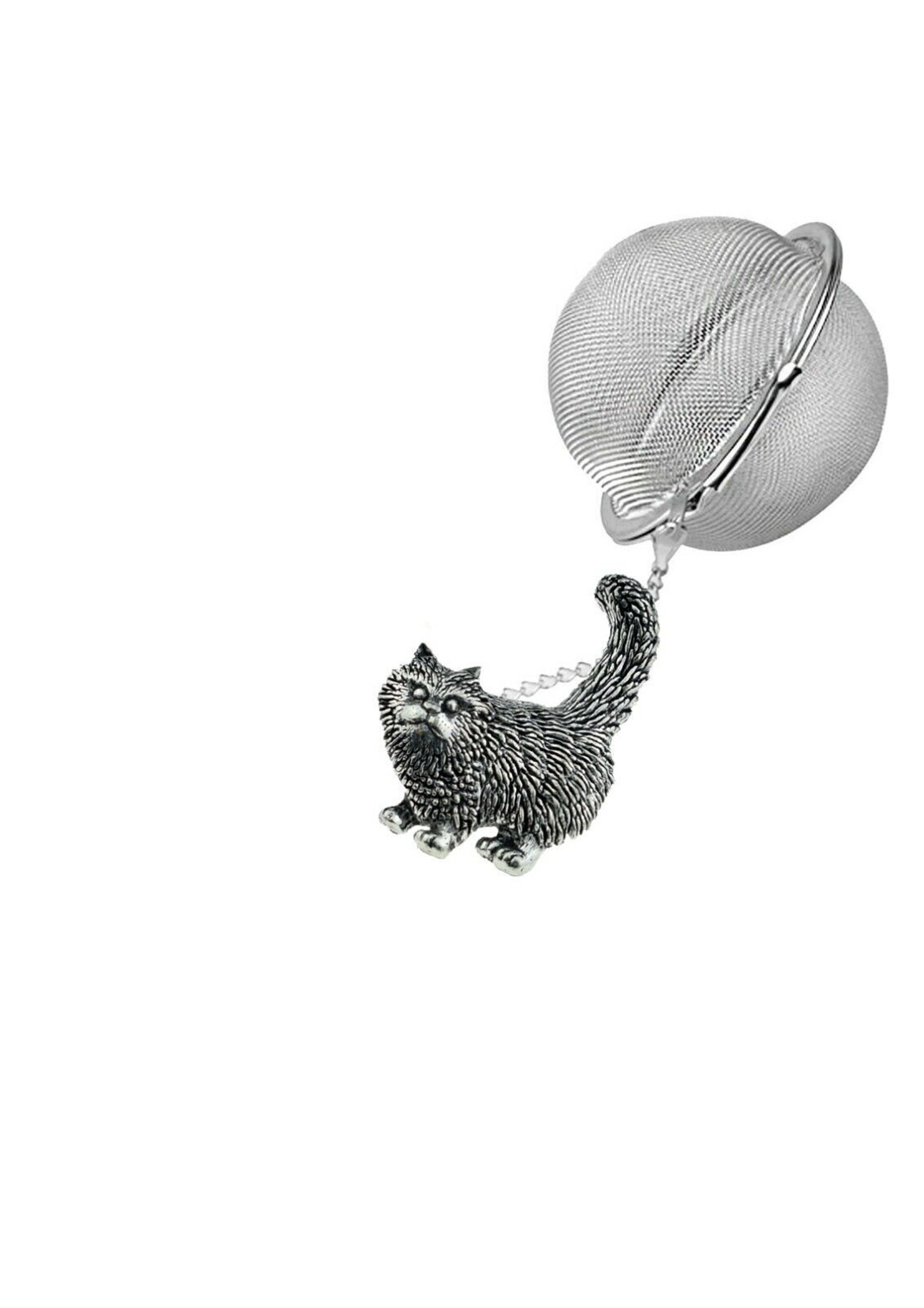 A40 Standing Cat Pewter on a Tea Leaf Infuser Stainless Steel Sphere ...