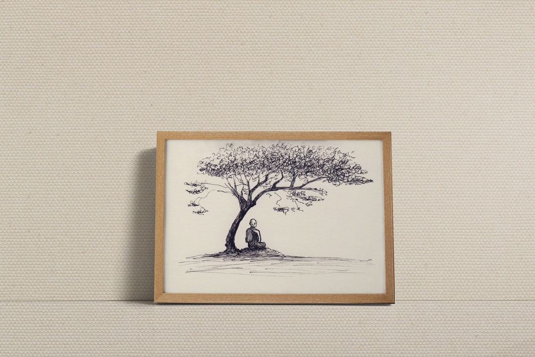 Monk Meditating - Ink Pen Style Canvas Art - Buddhism Inspired Artwork ...