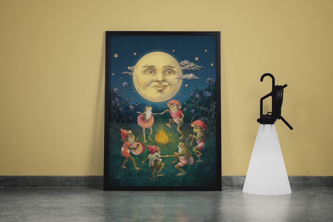 Dancing Frogs Around Campfire Art Print: Retro Moon, Mushroom Decor - Etsy