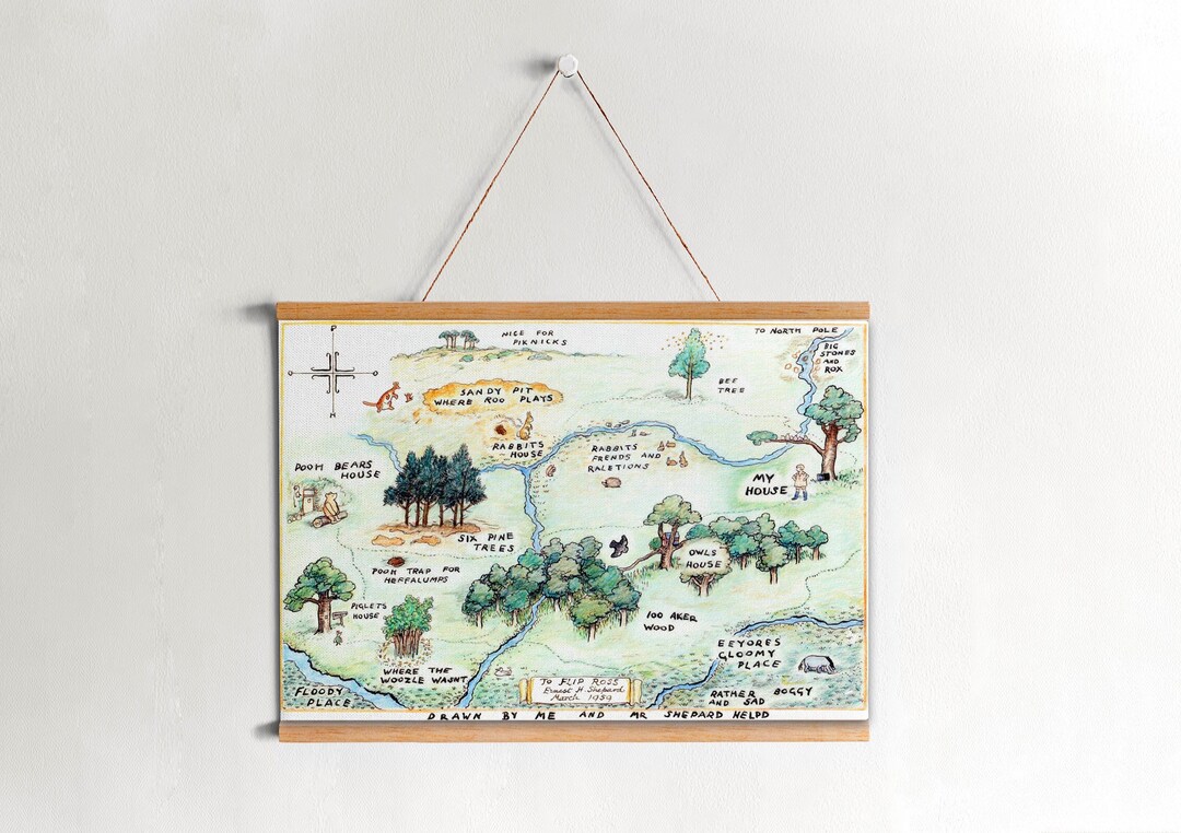 Winnie the Pooh Canvas Hanging Map 100 Acre Wood Map Kids Room Wall ...
