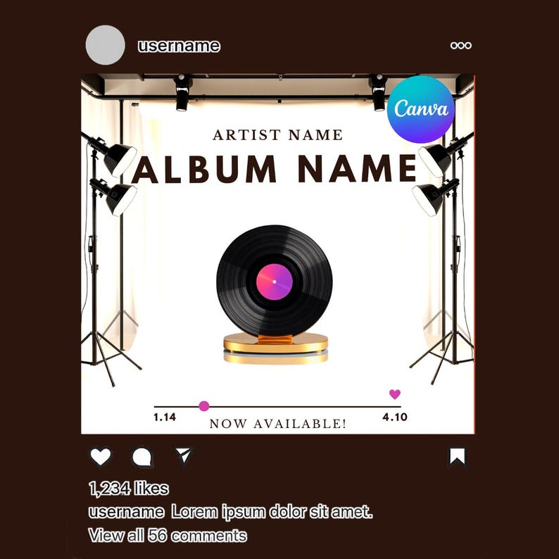 Vinyl Album Announcement Canva Template - Music Promo Graphic - Studio ...