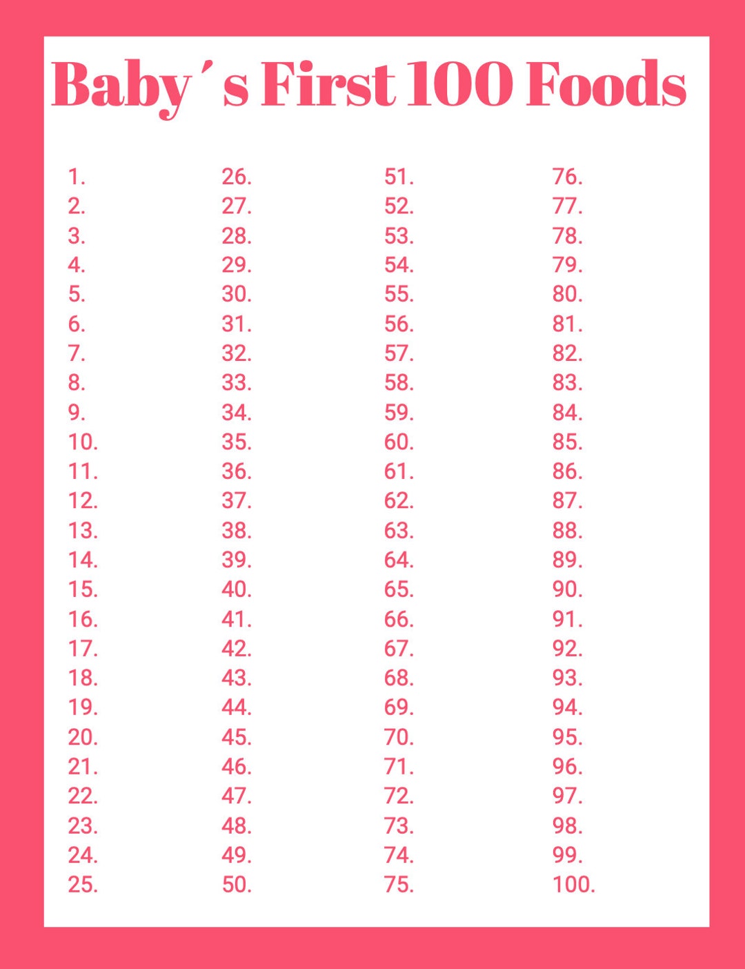 Baby's First 100 Foods List Pink - Etsy