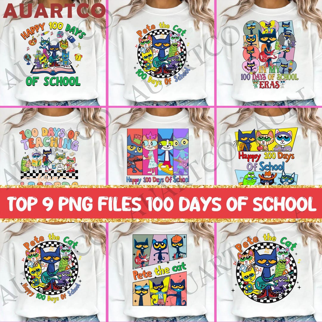 Pete the Cat 100 Days of School Png Bundle, Kindergarten Teacher, 100 ...