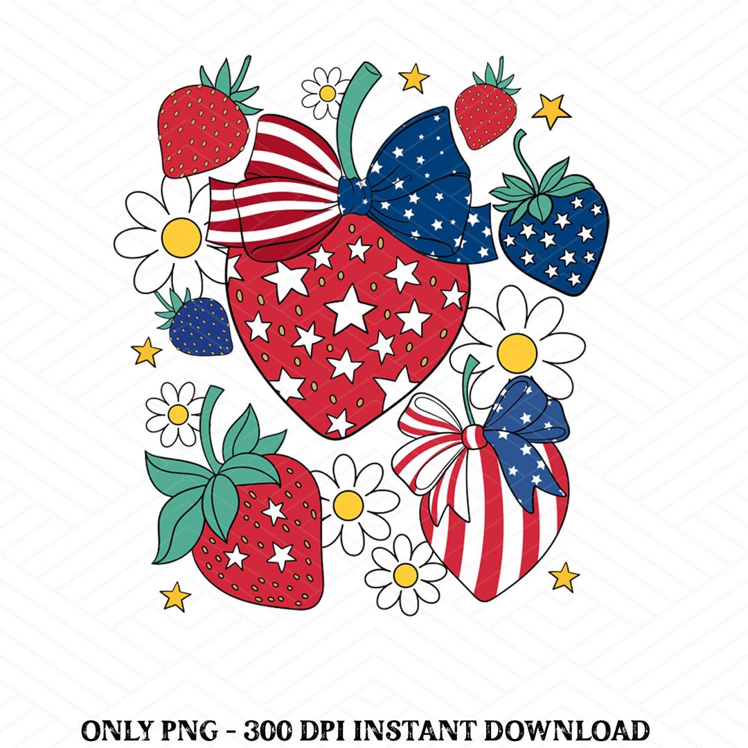 Boho 4th of July Strawberry PNG, Patriotic Bow Sublimation Design ...