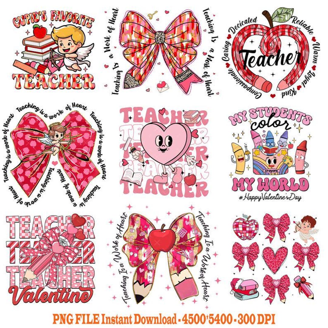 12 Files Teacher Valentine Coquette Bow Pencil Png Bundle, Glitter ...
