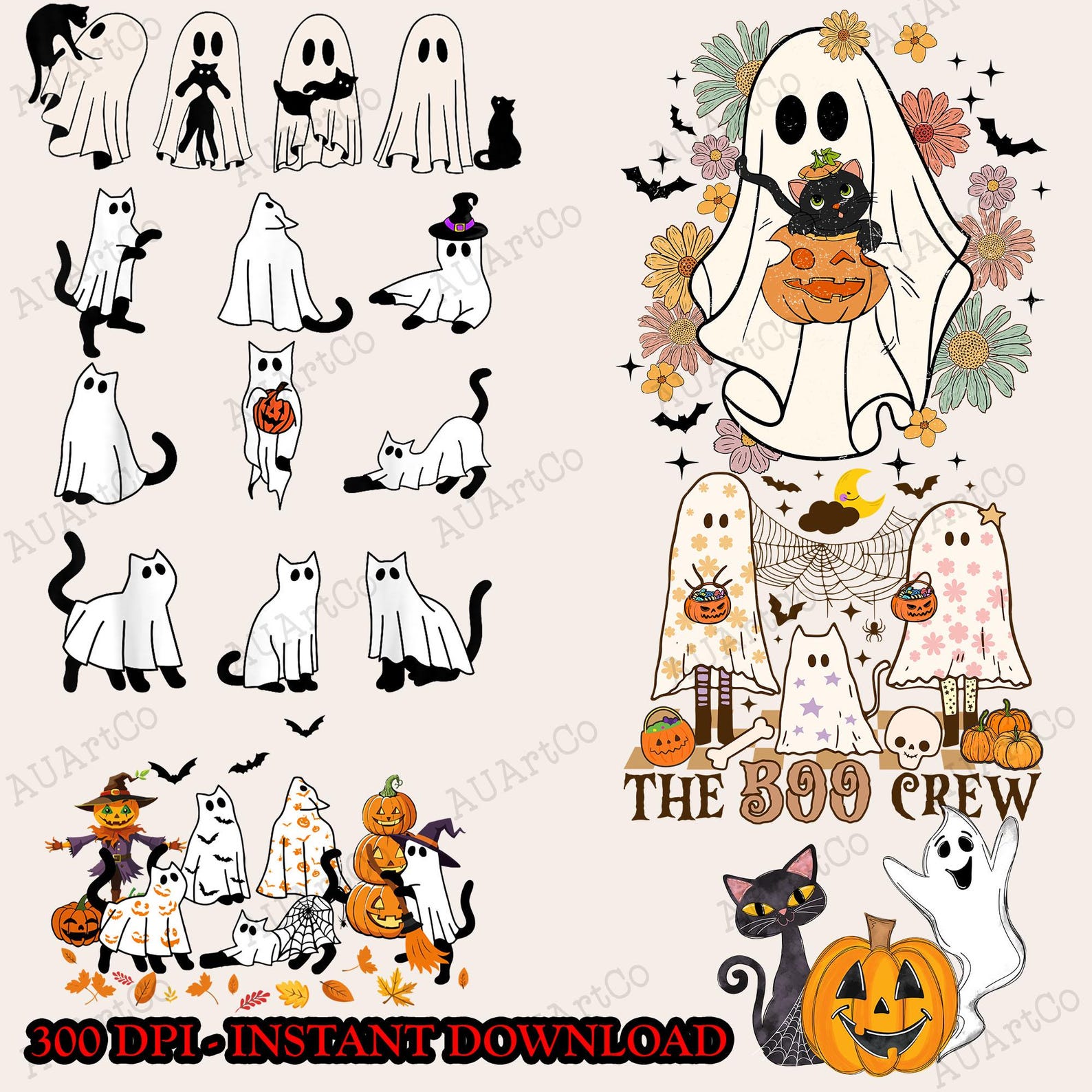 Cute Ghost Cat Png Bundle, Retro Halloween Png, Ghost Cat Png, Spooky ...