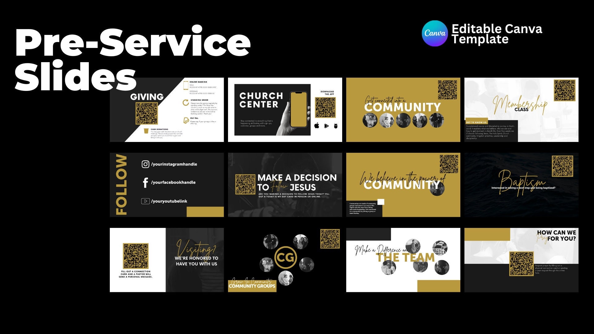 Church Preservice Slides in Editable Canva Template Black and Gold. - Etsy