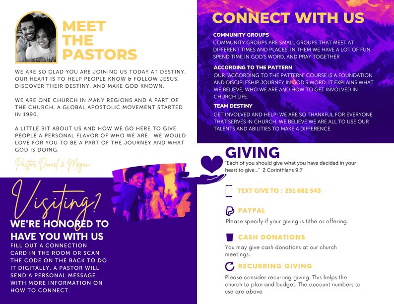 Church Bi Fold Brochure/worship Guide Canva Template. Purple and Yellow ...