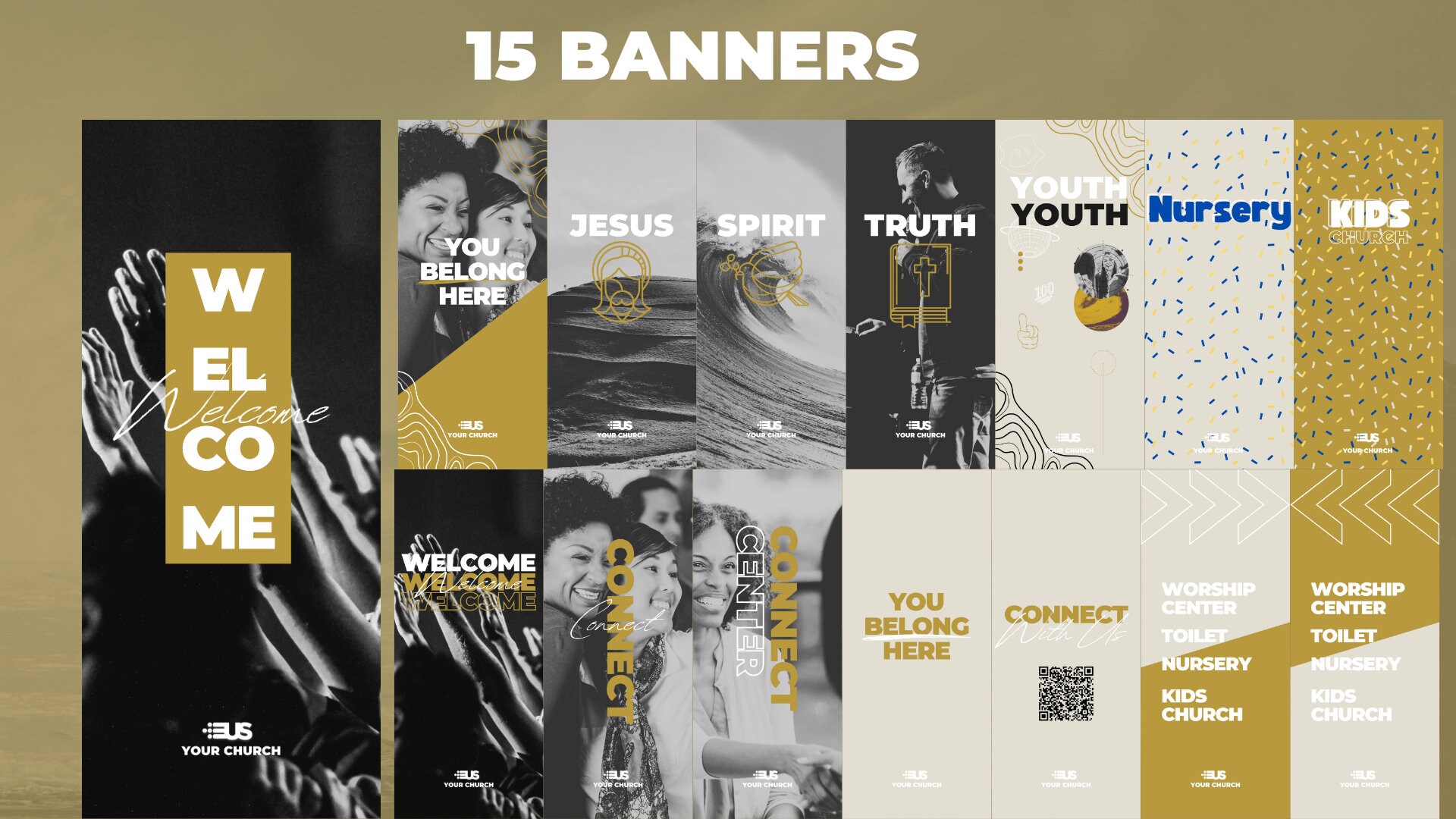 Church Retractable Banner Canva Template. Gold Roll-up Banner Editable ...