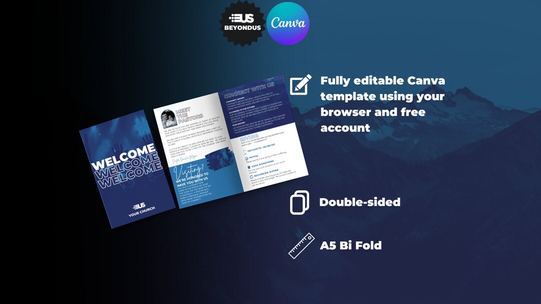 Church Bi Fold Brochure/worship Guide Canva Template. Blue Editable ...