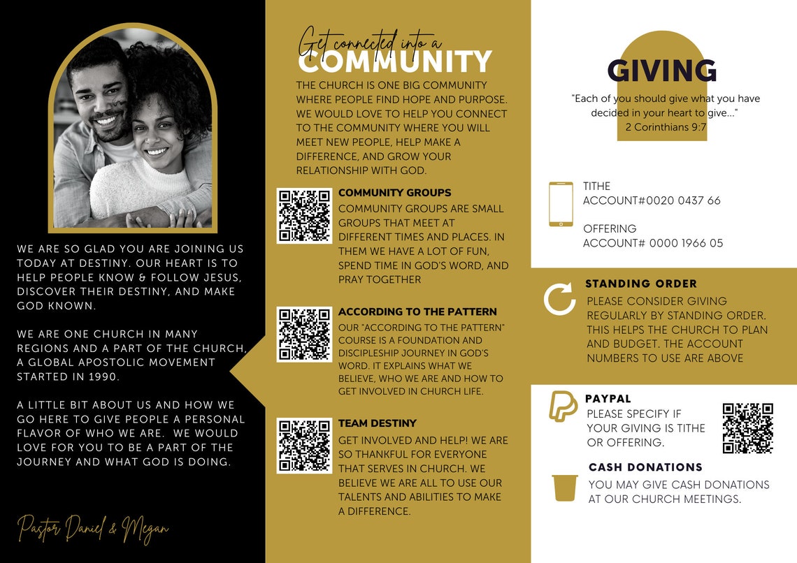 Church Brochure Canva Template. Gold and Black Editable Information Tri ...