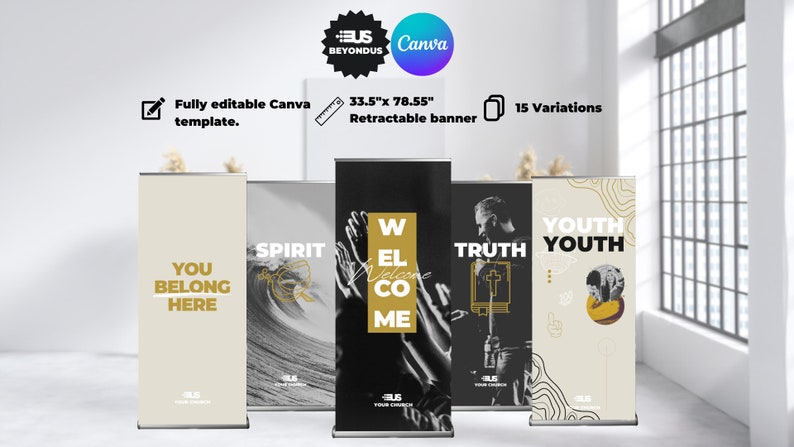 Church Retractable Banner Canva Template. Gold Roll-up Banner Editable ...