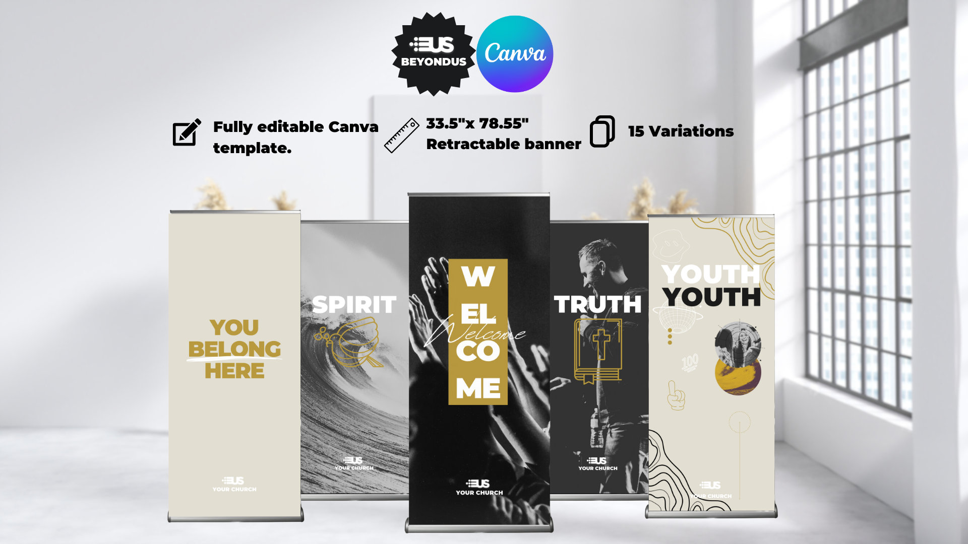 Church Retractable Banner Canva Template. Gold Roll-up Banner Editable ...